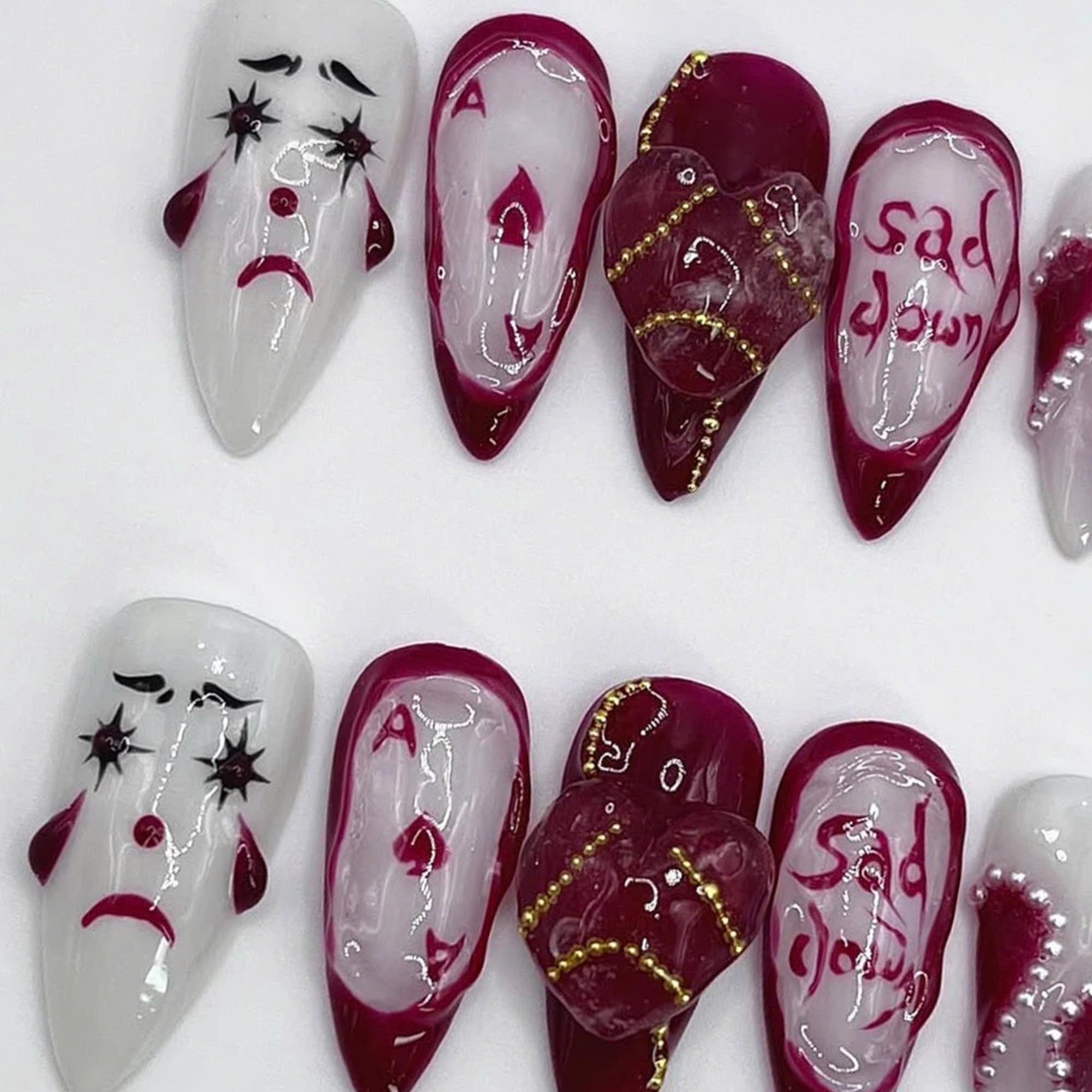 Sad Down Press on Nail, Stunning Clown Almond Nail Set, Red Nail ...