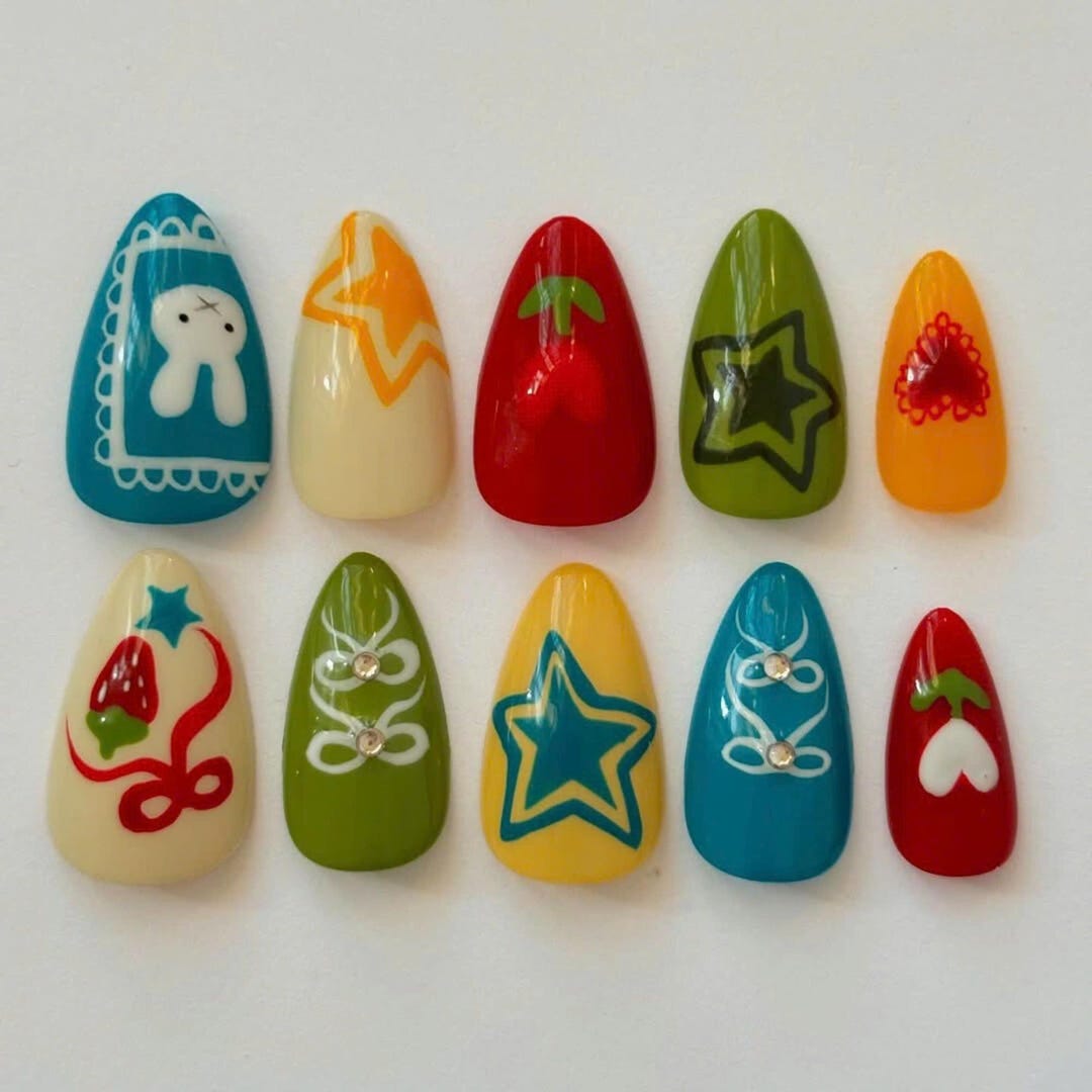Custom Colorful Press on Nails, Custom Nails Art, 3D Nail Set With ...