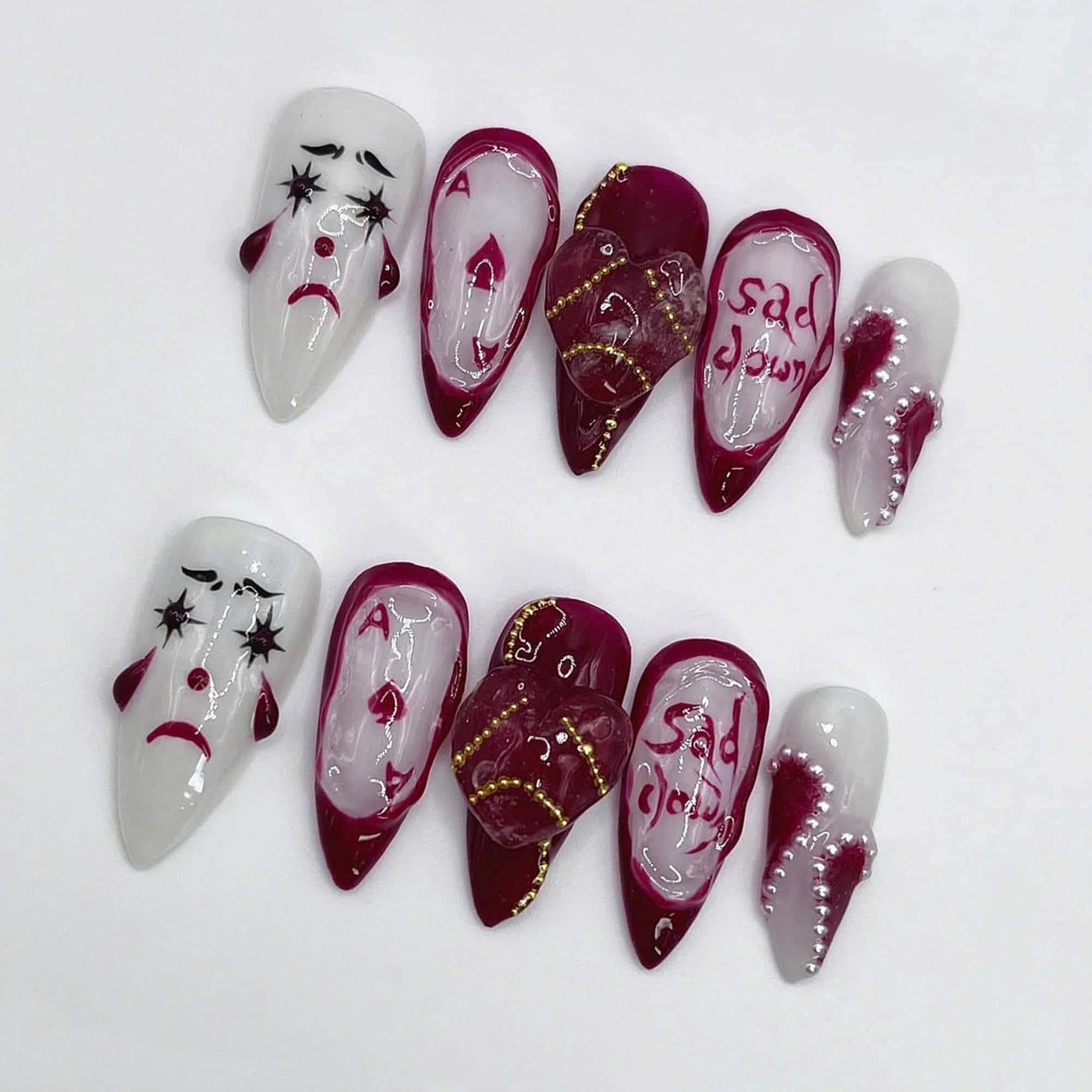 Sad Down Press on Nail, Stunning Clown Almond Nail Set, Red Nail ...