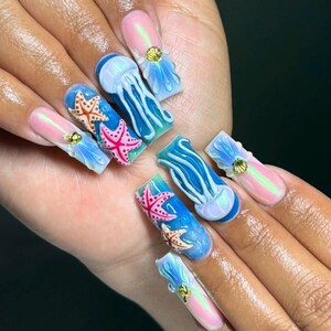 Underwater 3D Ocean Nail Set, Handmade Press on Nails With Jellyfish ...