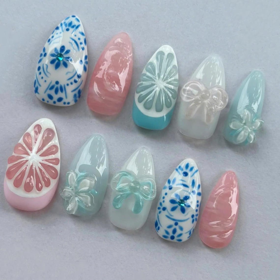 Citrus, Blue Porcelain Press on Nails, Summer Nail Set With Flower, Bow ...