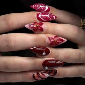 Crystal Red 3D Floral Press on Nails, Stiletto Nail Set, Elegant ...