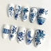 Hand-painted Blue Porcelain Press on Nails, Almond Nail Set With Flower ...