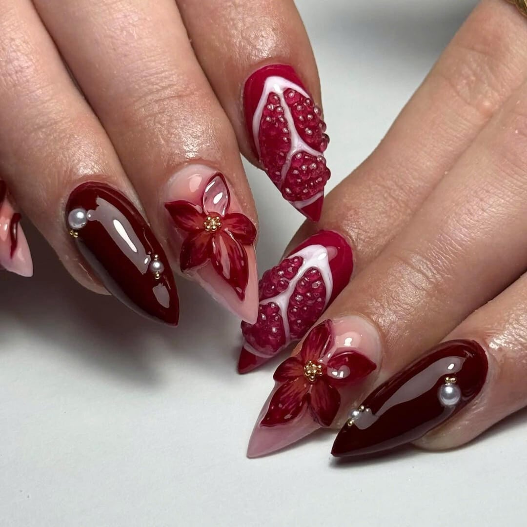Crystal Red 3D Floral Press on Nails, Stiletto Nail Set, Elegant ...