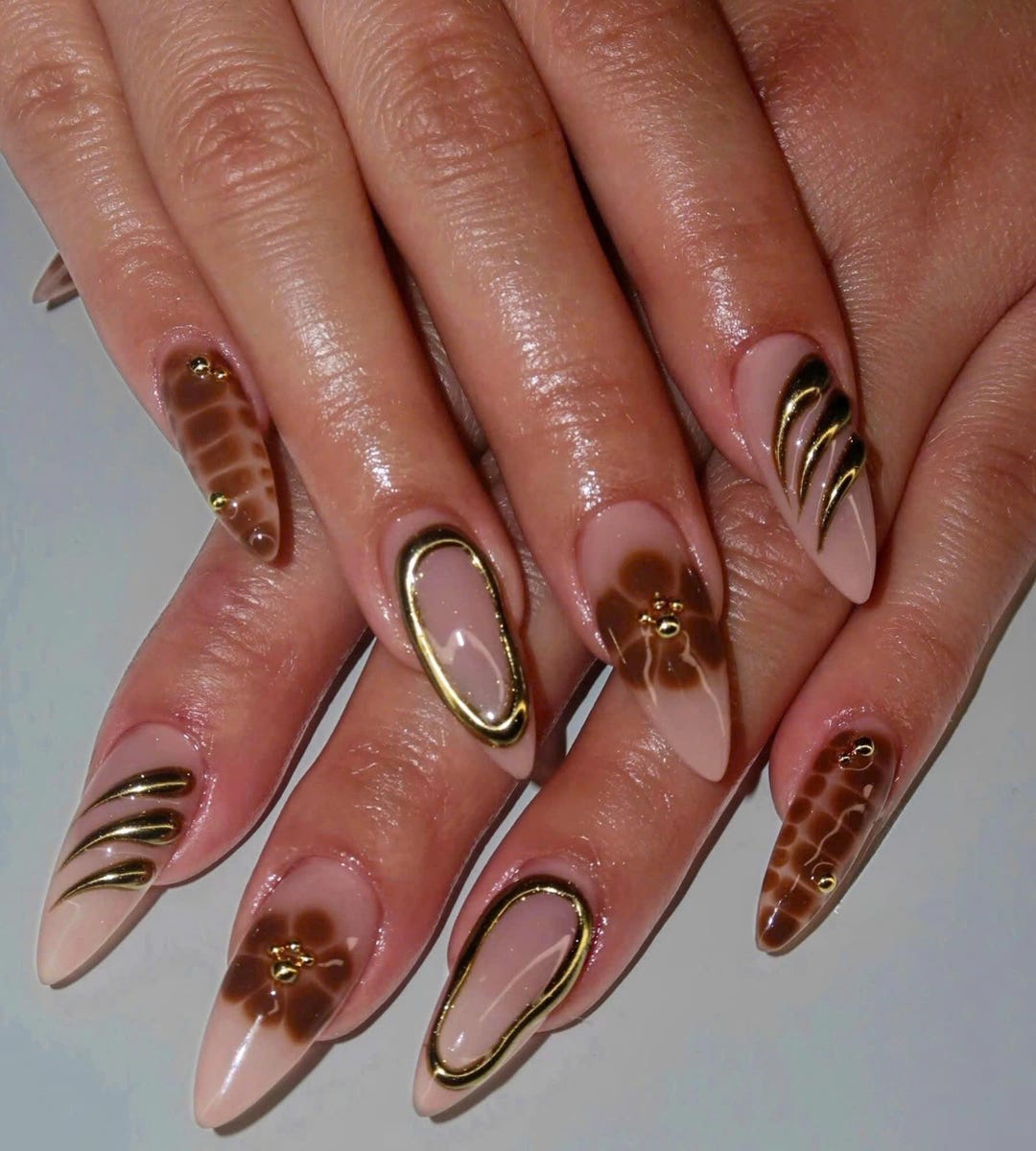 Crystal Flower With Gold Accent Almond Press on Nails, Custom Design ...