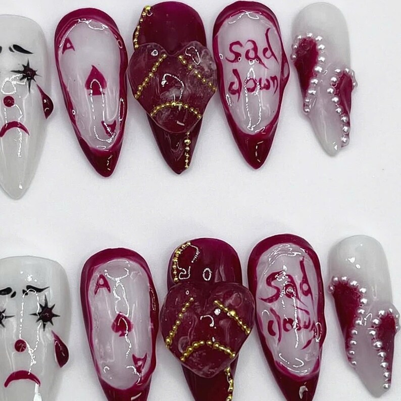 Sad Down Press on Nail, Stunning Clown Almond Nail Set, Red Nail ...