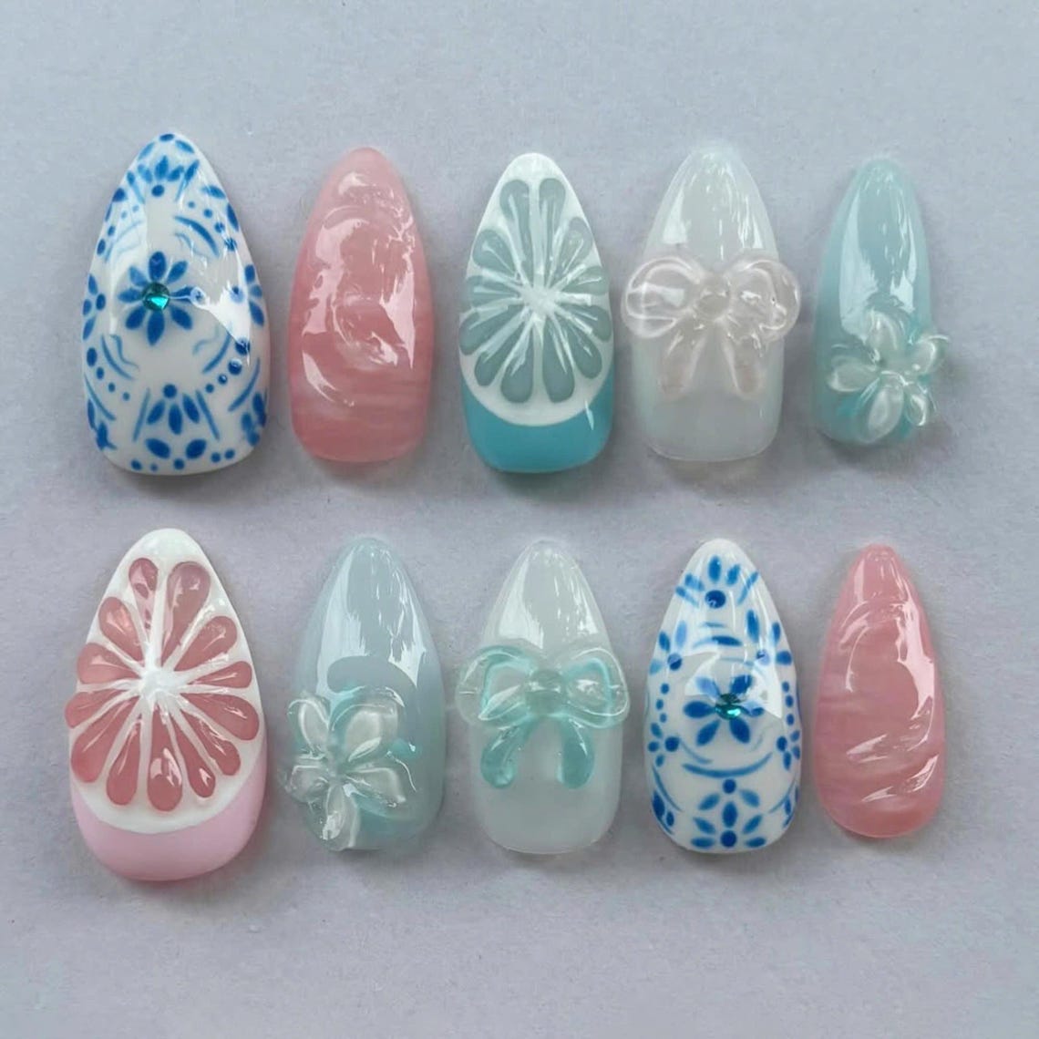 Citrus, Blue Porcelain Press on Nails, Summer Nail Set With Flower, Bow ...