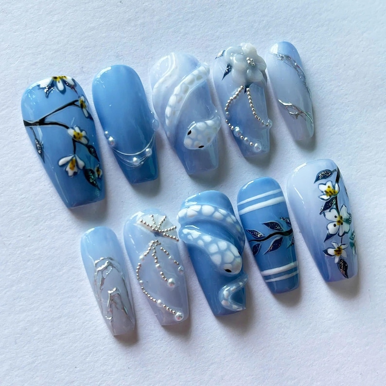 Asian Inspired Nail Art With Snake, Flower, Jade, 3D Snake Press on ...