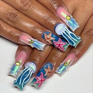 Underwater 3D Ocean Nail Set, Handmade Press on Nails With Jellyfish ...