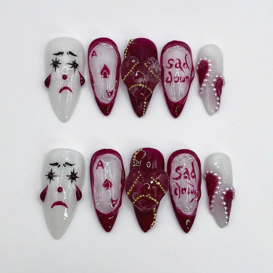 Sad Down Press on Nail, Stunning Clown Almond Nail Set, Red Nail ...