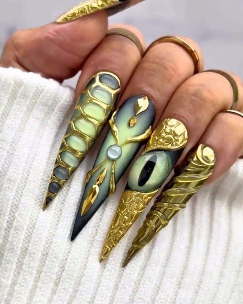 Dragon Eye Press on Nails, Gold Snake Scale Nail Art, Handmade Fantasy ...