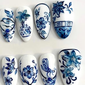 Hand-painted Blue Porcelain Press on Nails, Almond Nail Set With Flower ...