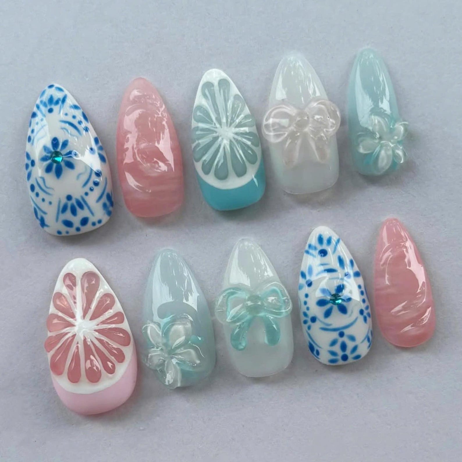 Citrus, Blue Porcelain Press on Nails, Summer Nail Set With Flower, Bow ...