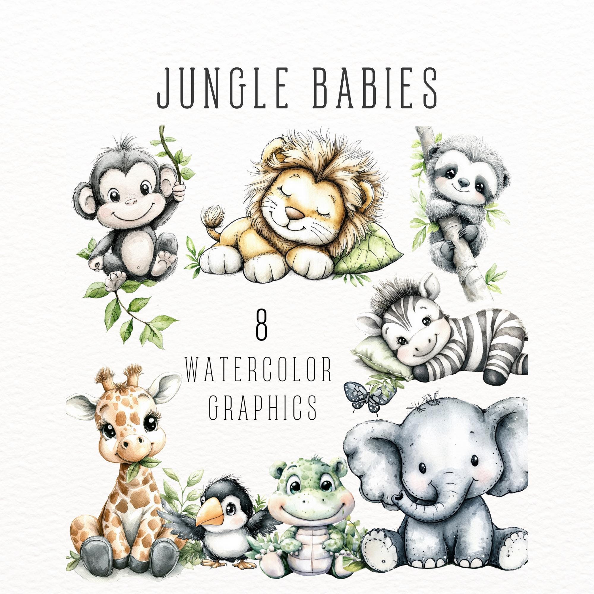 Watercolor Jungle Bundle Clipart, PNG, Perfect for Digital Scrapbooking ...