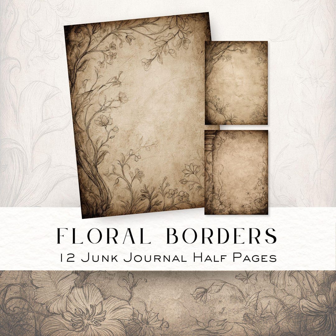 Fine Line Floral Borders Junk Journal Half Pages, Set of 12 Printable ...