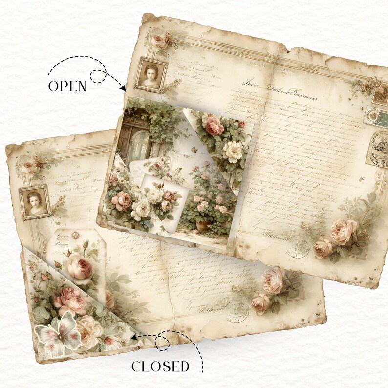 Vintage Rose Journal Bundle, Antique Letter Backgrounds, Romantic ...