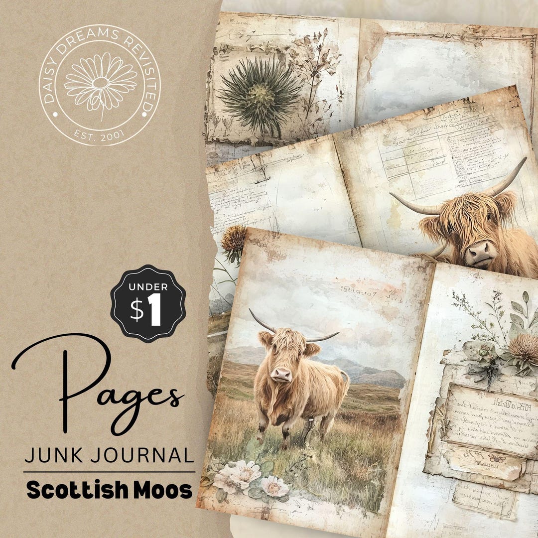 Vintage Scottish Moos, Highland Cows, Junk Journal Folios, Printable ...