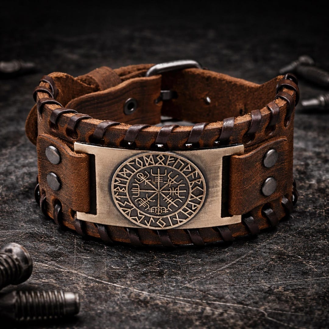 Men’s Viking Leather Cuff Bracelet With Norse Compass, Medieval Warrior ...