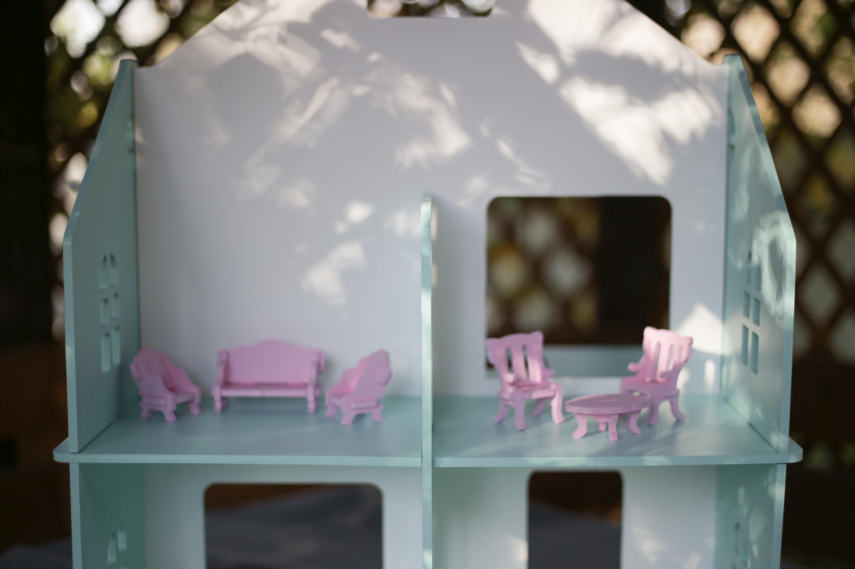 Wooden Dollhouse for Kids: Pastel Blue Miniature House With Furniture ...
