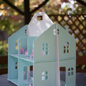 Wooden Dollhouse for Kids: Pastel Blue Miniature House With Furniture ...