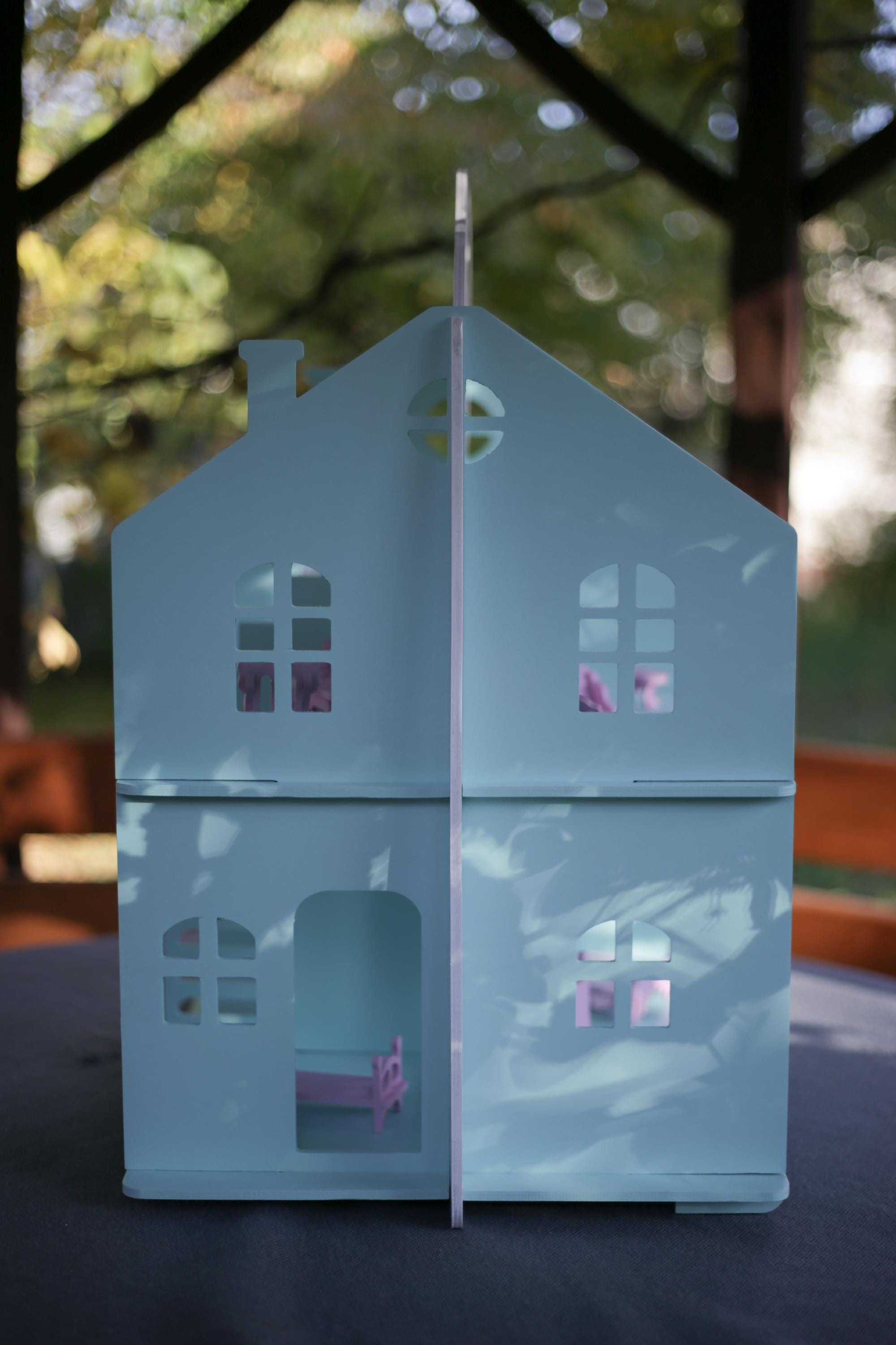 Wooden Dollhouse for Kids: Pastel Blue Miniature House With Furniture ...