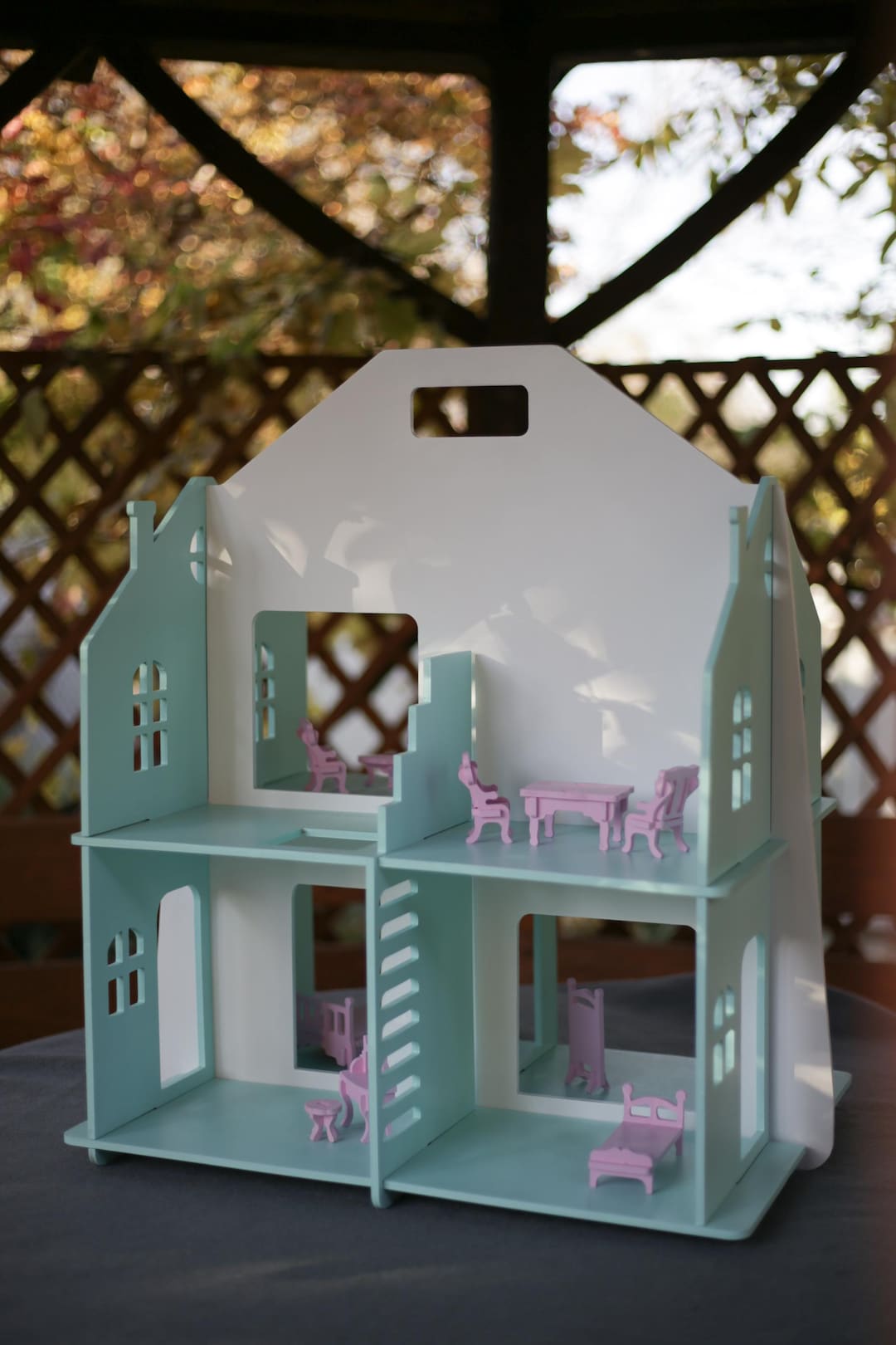 Wooden Dollhouse for Kids: Pastel Blue Miniature House With Furniture ...