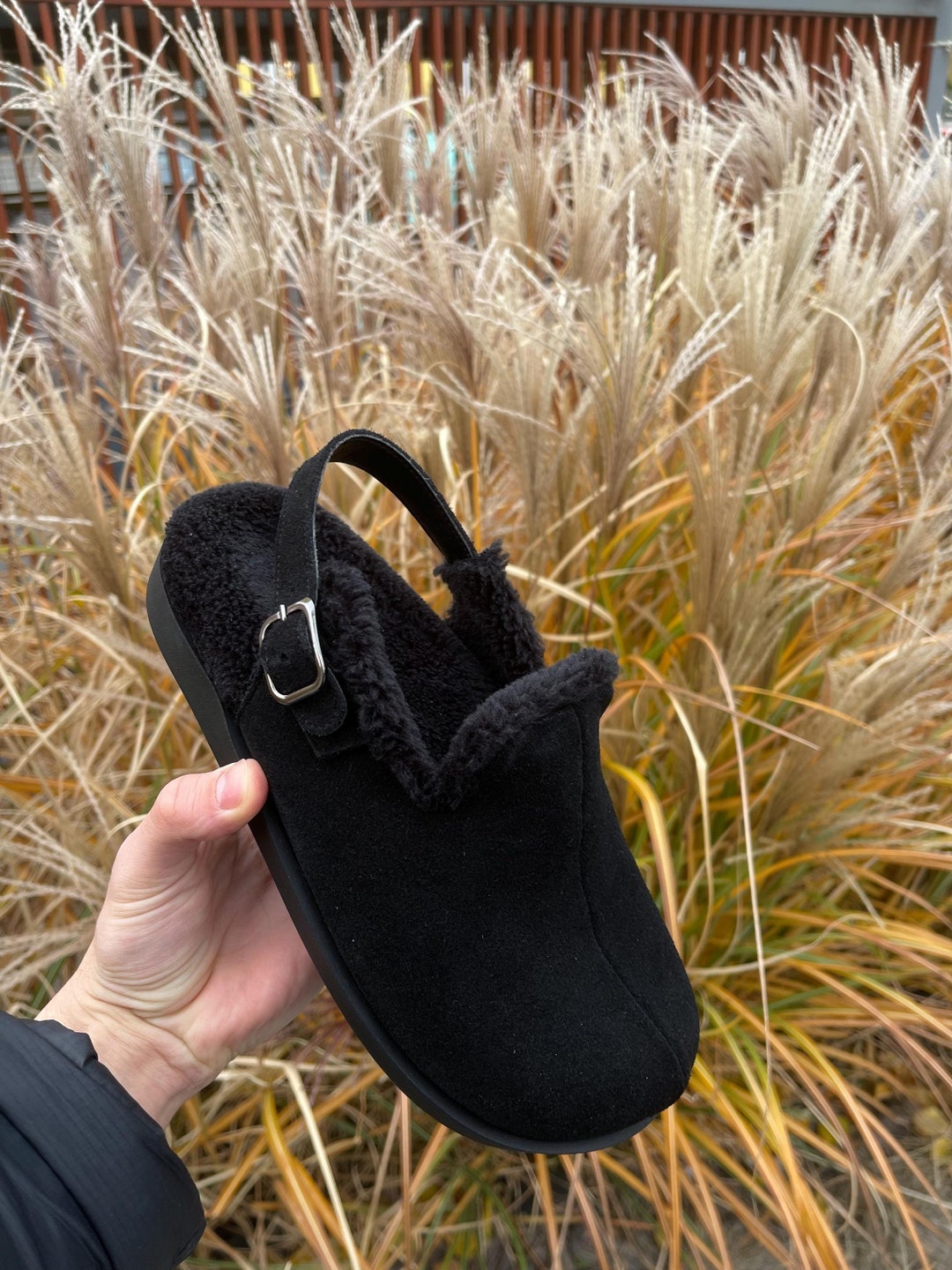 Black Comfy Clogs With Fur Barefoot Suede Mules Womens Handmade Cozy ...