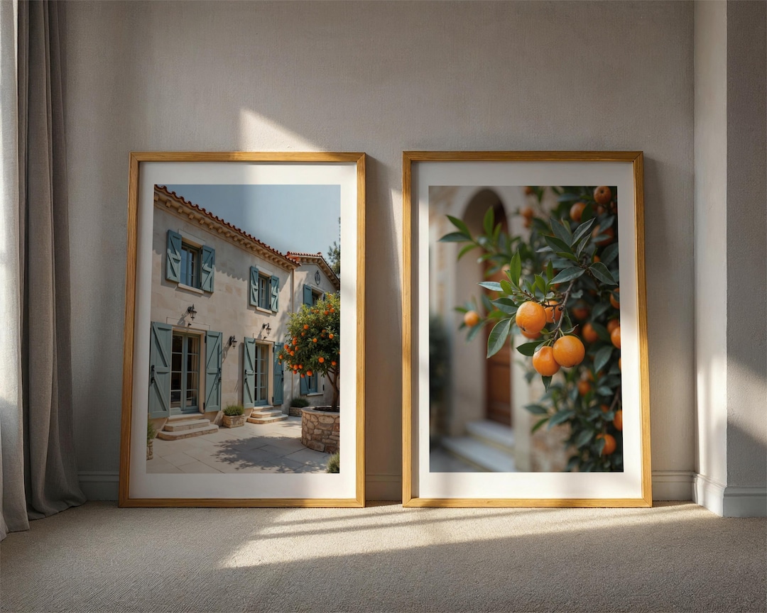 Italian Villa Wall Art Set, Mediterranean Orange Tree Prints, Neutral ...