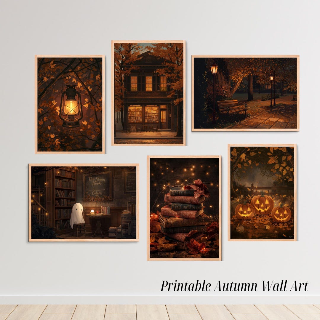 6 Autumn Magic Wall Art | Witchy Halloween Prints | Bookshop, Pumpkins ...