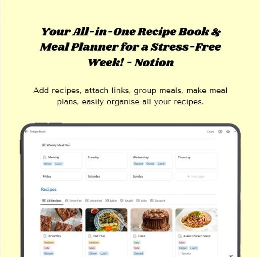 Notion Recipe Book & Meal Planner Template | Customizable Weekly Meal Organizer, Recipe Tracker ...