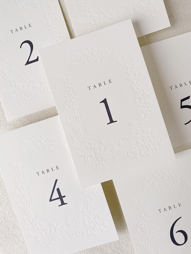 Letterpress Wedding Table Numbers 1-20 – Blind Emboss Foliage Border - Etsy