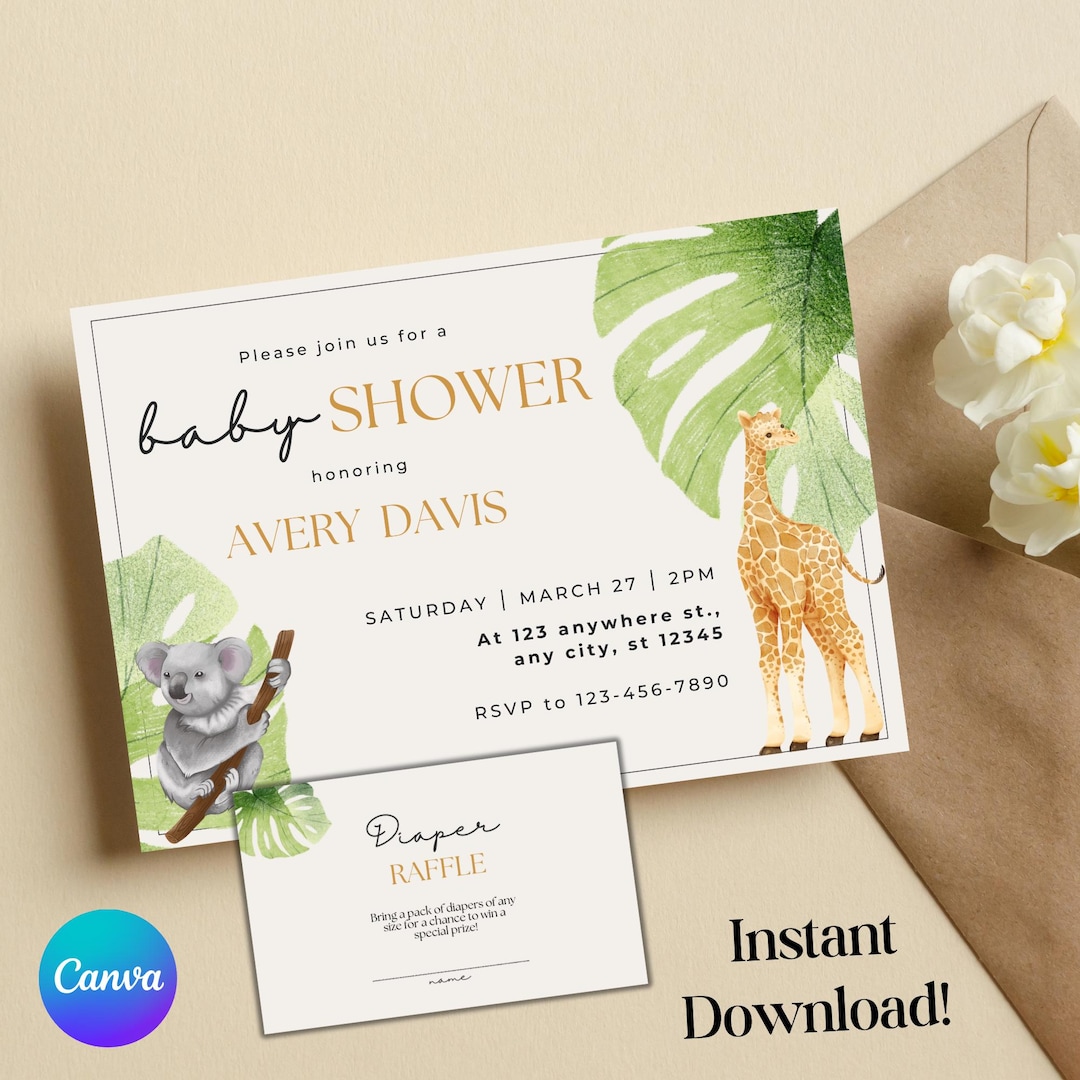 Jungle Adventure Baby Shower Invitation & Diaper Raffle Insert ...