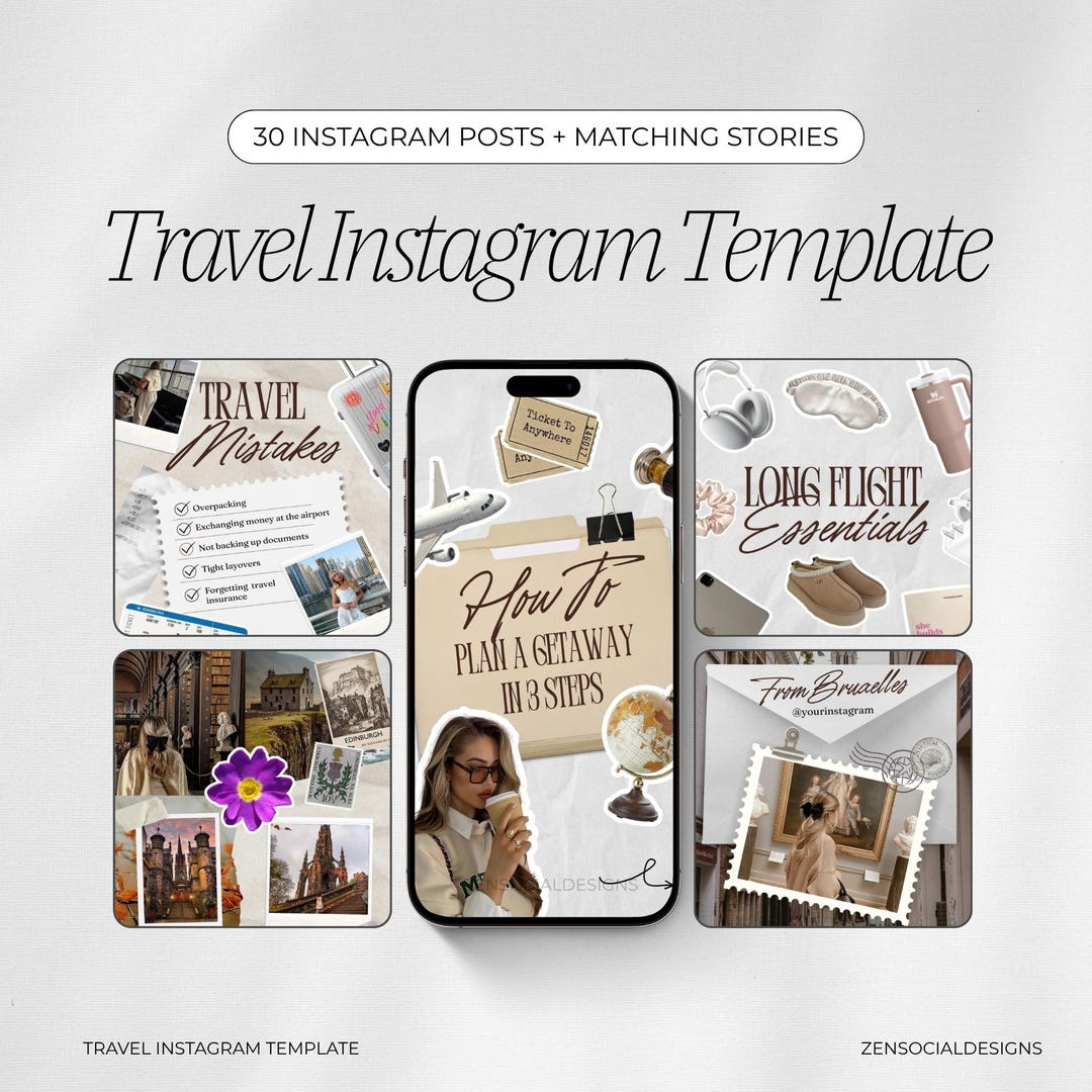 Travel Instagram Templates | 30 Posts & 30 Stories | Canva Templates ...