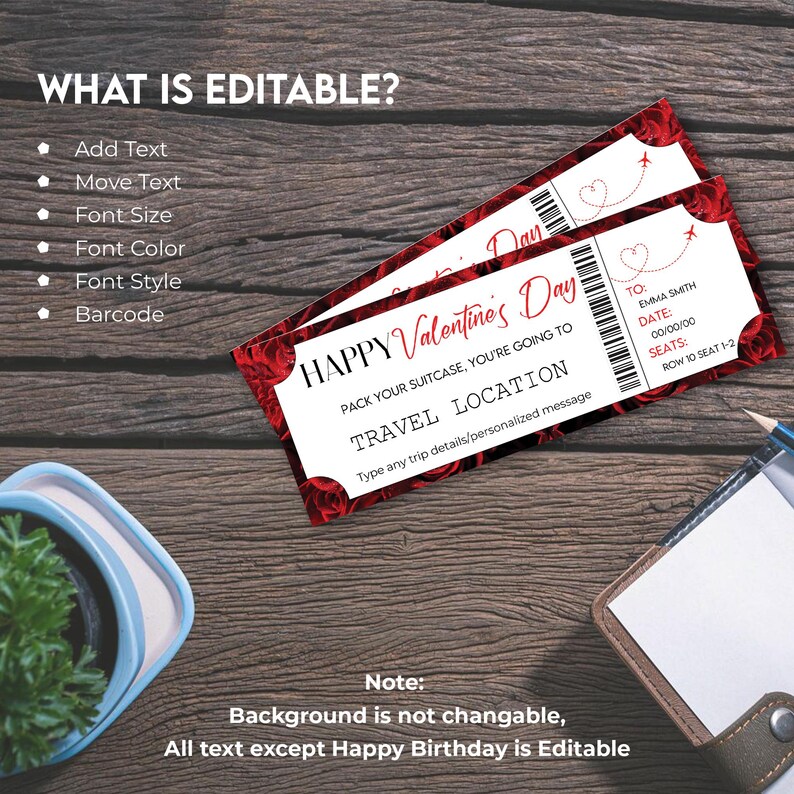 Editable Boarding Pass Template Airline Ticket Valentine’s Day Surprise ...