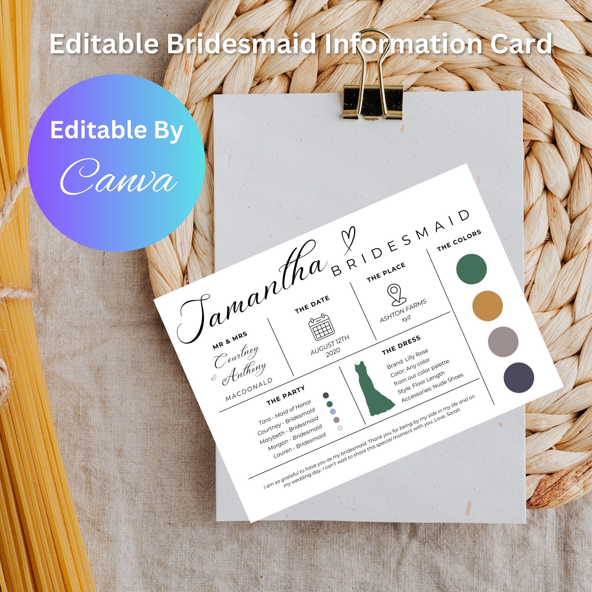 Editable Bridesmaid Information Card Bridal Party Template Bridal ...