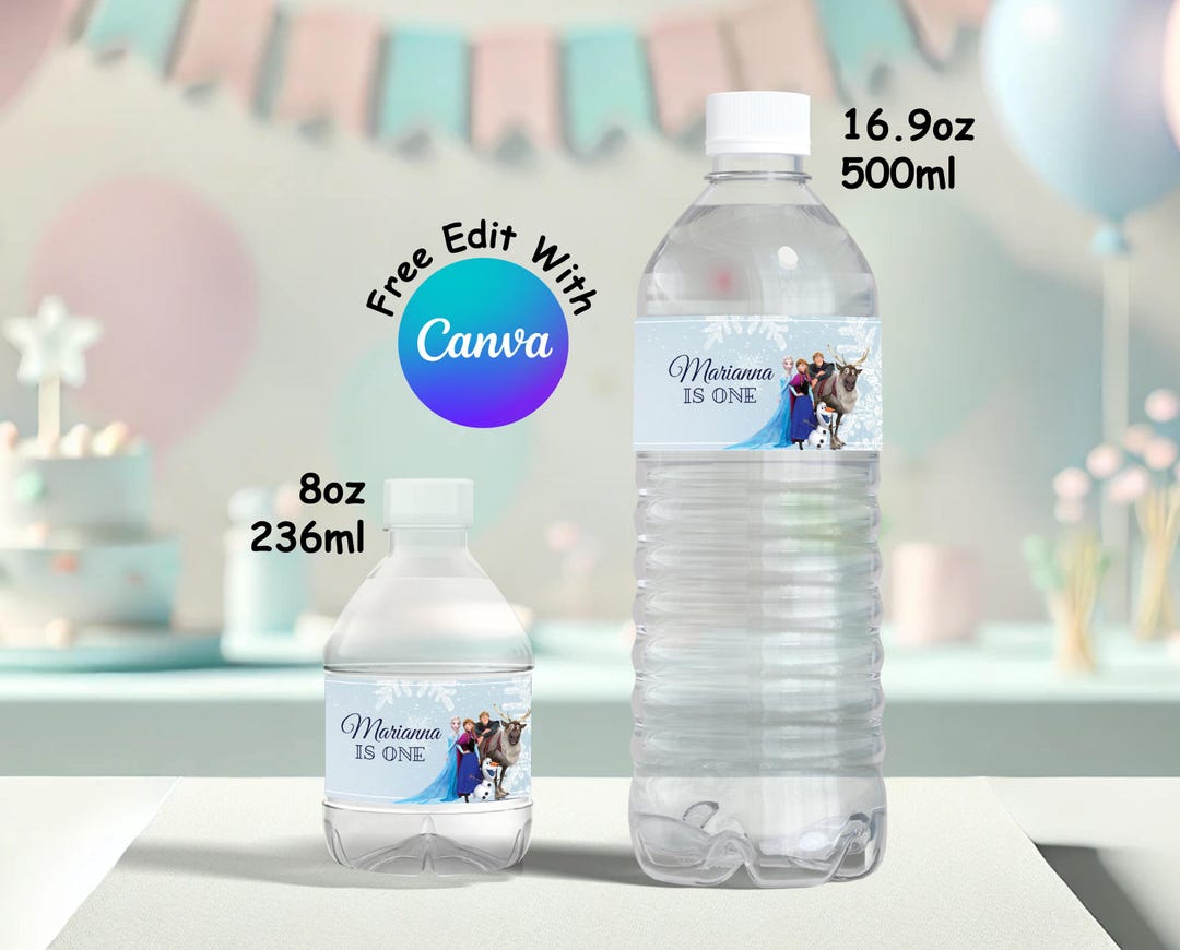 Editable Frozen Birthday Water Bottle Labels, Custom Elsa and Anna ...
