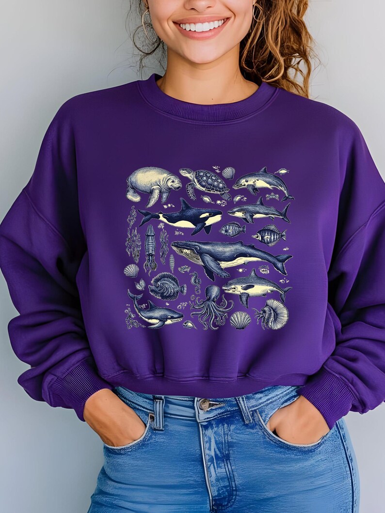 Retro Ocean Sweater, Sea Animals Vintage Sweatshirt, Cute Sea Creatures ...