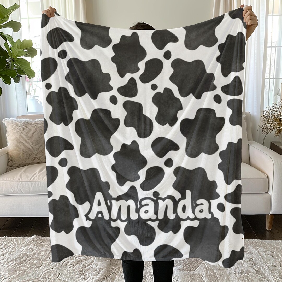 Personalized Cow Print Blanket - Custom Name Black and White Cozy Throw ...
