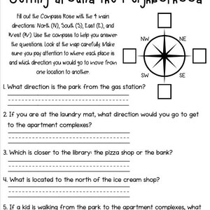 Map Skills Worksheets | Reading a Map | Cardinal Directions - Etsy