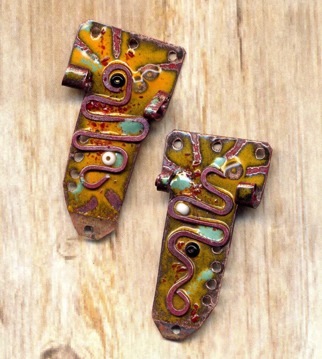 Large Rustic Industrial Handmade Enamel Charms Copper Artisan Earrings ...