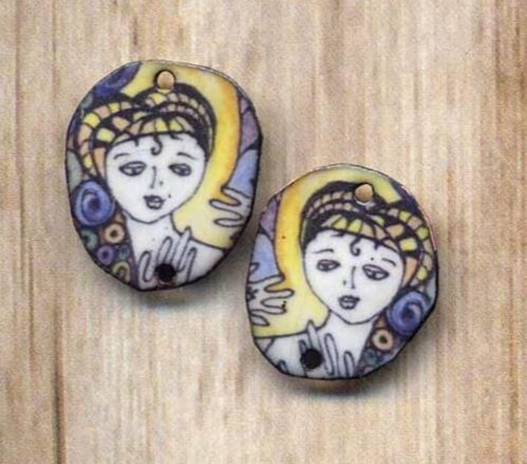 Enamel Charms Fun Face and Adds On, Copper Charm Artisan Component Pair ...