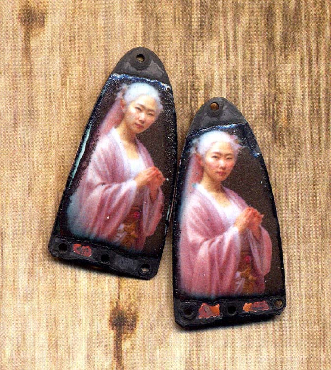 Handmade Enamel Geisha Charm Earrings Component Enameled Pair Jewelry ...