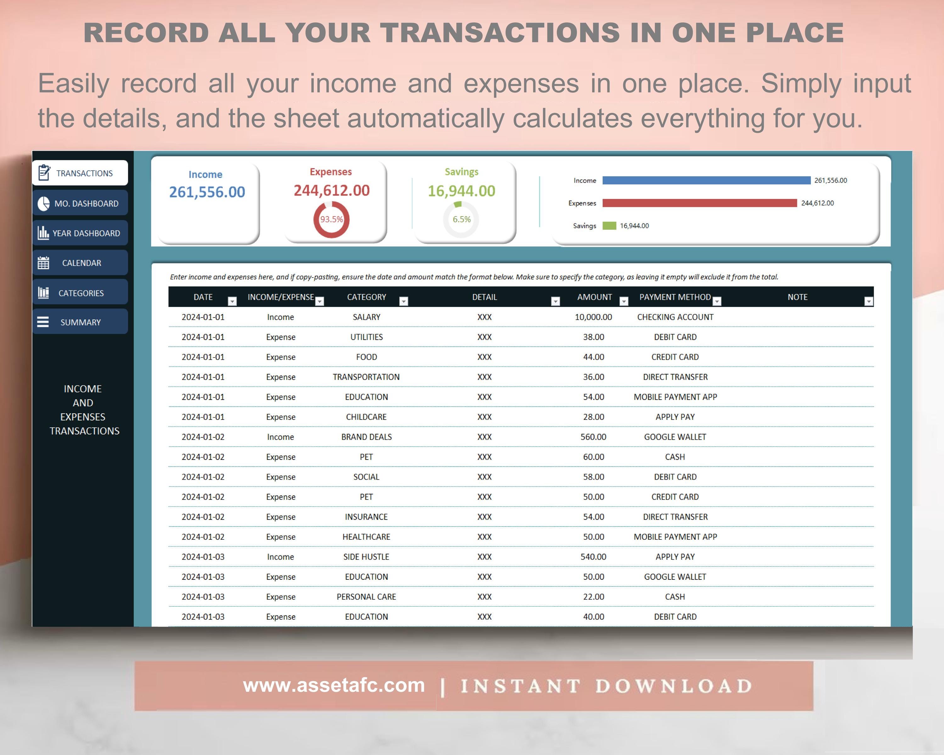 Personal Income and Expense Tracker Spreadsheet for Monthly and Yearly ...