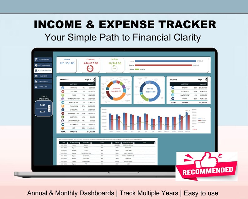 Personal Income and Expense Tracker Spreadsheet for Monthly and Yearly ...