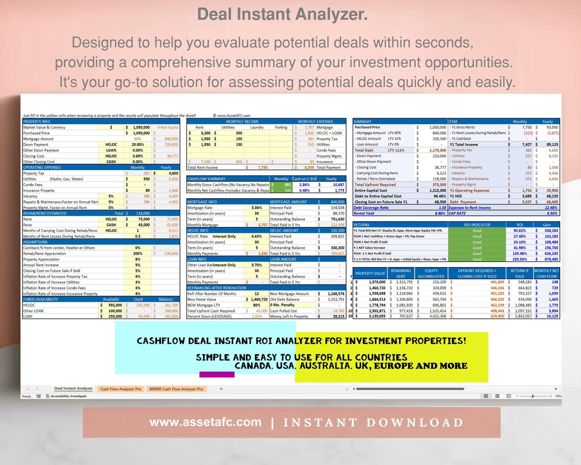 Cash Flow Analyzer Pro With Deal Instant Analyzer. Investment Property ROI Analysis. Rental ...