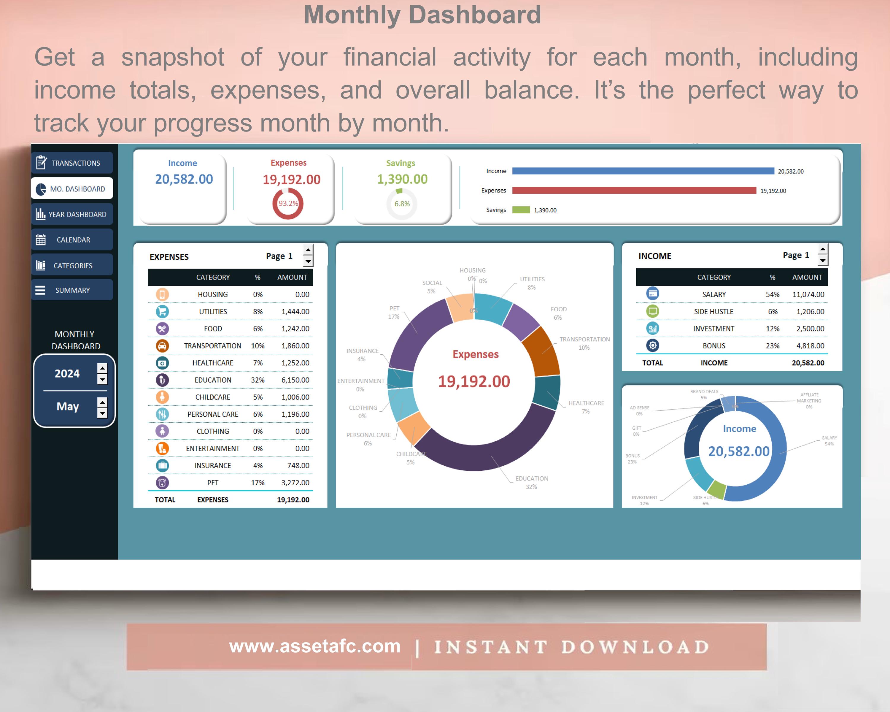 Personal Income and Expense Tracker Spreadsheet for Monthly and Yearly ...