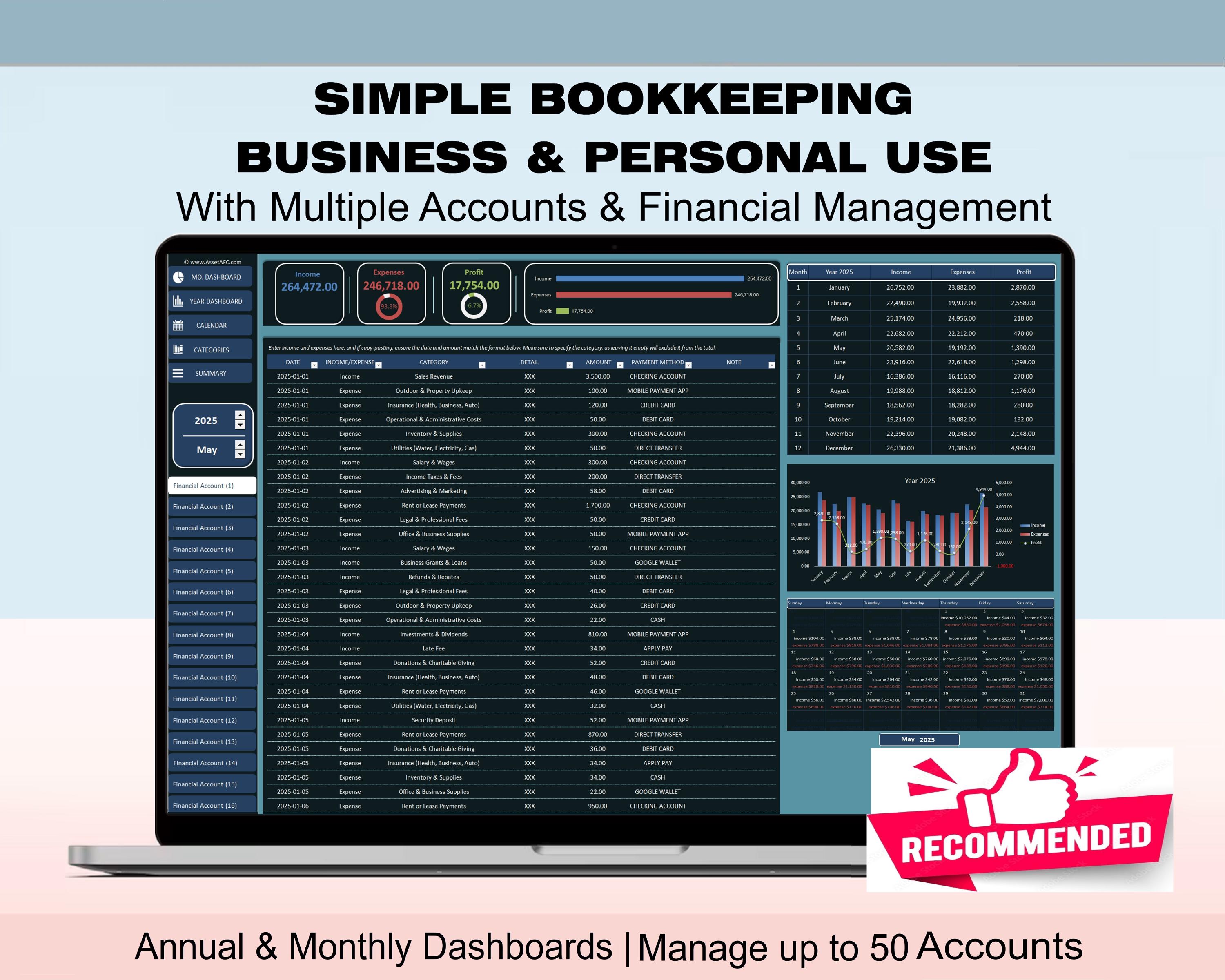 Easy Bookkeeping Spreadsheet Template for Business & Personal Finance ...