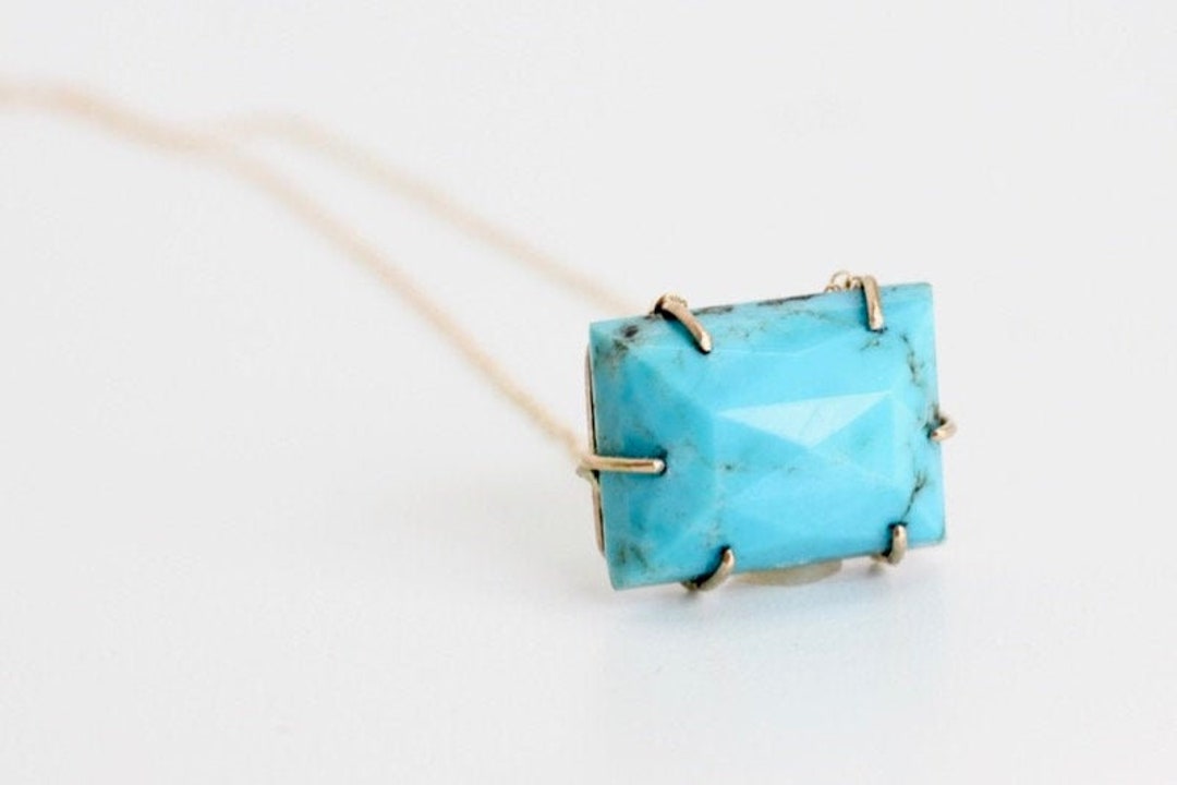 Turquoise Rose Cut Rectangle Necklace in Recycled 14k Yellow Gold - Etsy