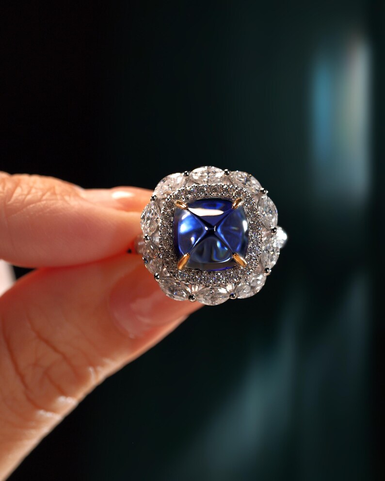 Royal Blue Sapphire Pyramid Ring Ancient Egypt Inspired Lab Created Sapphire Moissanite Double ...