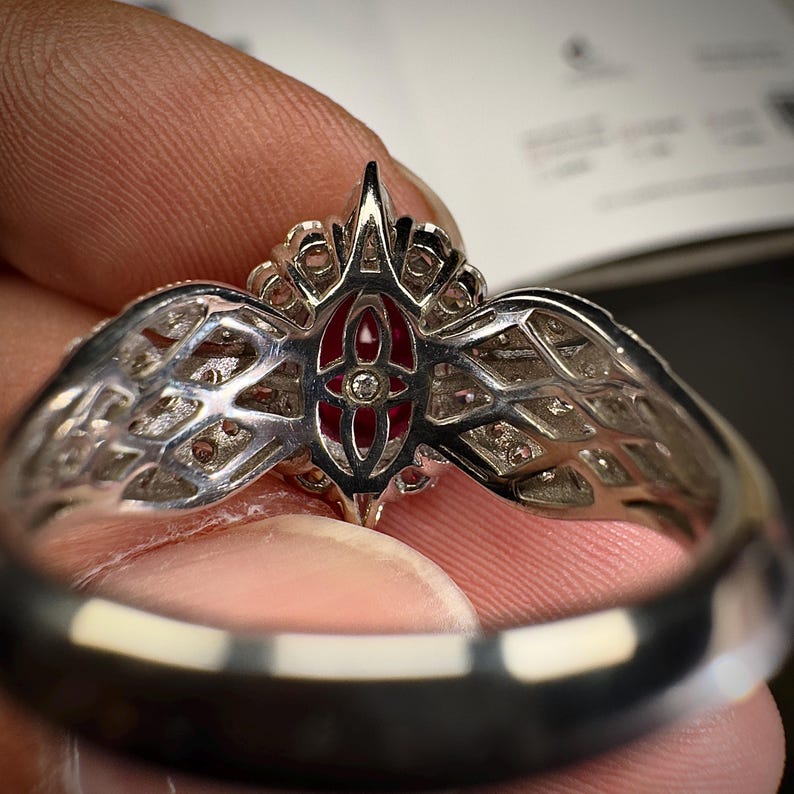 Vintage Ruby Wedding Ring With Oval Center Stone Moissanite Halo and ...